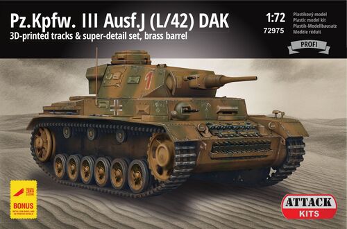 Attack 72975 Pz.Kpfw. III Ausf.J (L/42) DAK with 3D-Printed Tracks and Brass Barrel (Super-Detail Set)