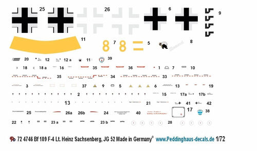 NEW! Peddinghaus-Decals 4746 Messerschmitt Bf-109 F-4 - Lt . Heinz Sachsenberg , JG 52