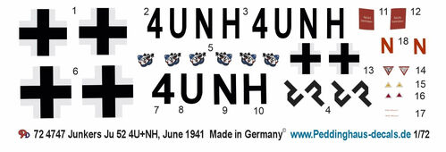 NEW! Peddinghaus-Decals 4747 Junkers Ju-52 - 4U+NH 1.(F)/123 (Derna / Libya / Northern Africa - June 1941)