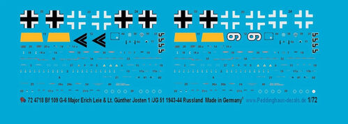 NEW! Peddinghaus-Decals 4718 Messerschmitt Bf-109 G-6 - Major Erich Leie 1/JG 51 & Lt Günther Josten 1./JG 51 Mölders / Bobruisk 1944
