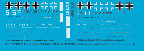 NEW! Peddinghaus-Decals 4720 Messerschmitt Bf-109 F-4 / F-6 - Lt Anton Hafner Staffelkapitän 8/JG 51, Russia 1943-1944