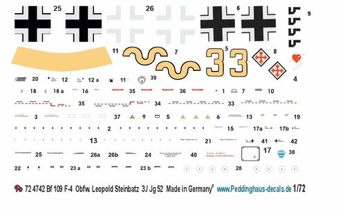 NEW! Peddinghaus-Decals 4742 Messerschmitt Bf-109 F-4 - Obfw. Leopold Steinbatz 3. JG 52 , Juni 1942
