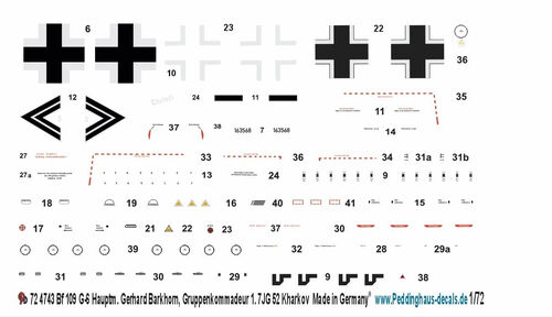 NEW! Peddinghaus-Decals 4743 Messerschmitt Bf-109 G-6 - Hauptmann Gerhard Barkhorn / 1 JG 52 Karkov