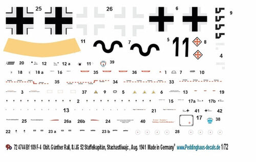 NEW! Peddinghaus-Decals 4744 Messerschmitt Bf-109 F-4 - Oblt. Günther Rall, 8./JG 52 Staffelkapitän, Stachastliwajc , Aug. 1941
