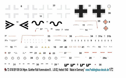 NEW! Peddinghaus-Decals 4745 Messerschmitt Bf-109 G-6 - Htpm. Günther Rall Kommodore III . / JG 52, Autumn 1943