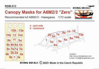 NEW! Rising Decals RDM013 Mitsubishi A6M2 / A6M3 Zero - Canopy Mask Set (for Hasegawa Kits)