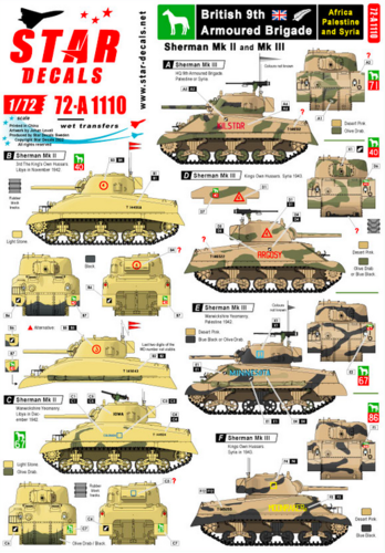 Star-Decals 72-A1110 British 9th Armoured Division. Africa, Palestine and Syria. Sherman Mk II and Sherman Mk III.