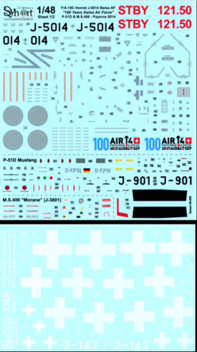 Syhart Decal 48-080 F/A-18C Hornet + M.S.406 + P-51 "100 years Swiss AF" 1914-2014