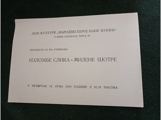Pozivnica izložba slika Milene Šotre 1959g
