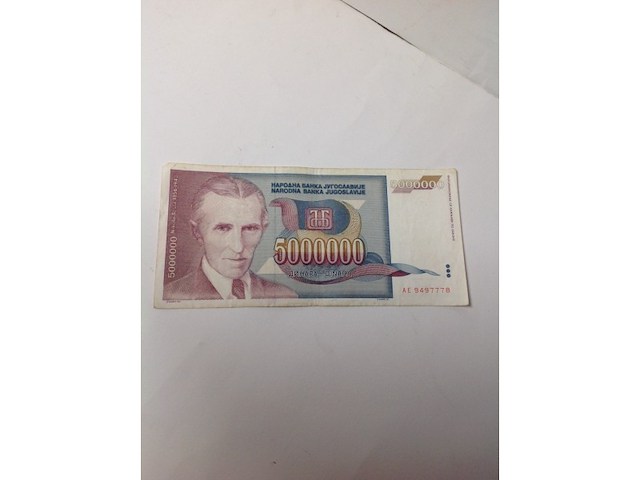 5.000.000 dinara Jugoslavija 1993 Nikola Tesla