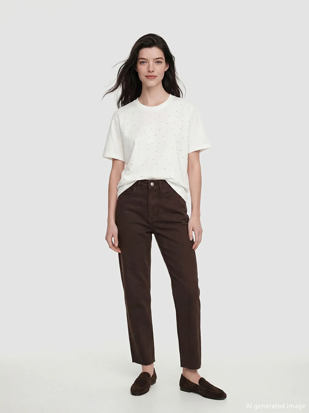 LCW Comfort Ženska Majica Sa Okruglim Izrezom, Mekog Dodira, Sa Ukrasima Od Kamenčića