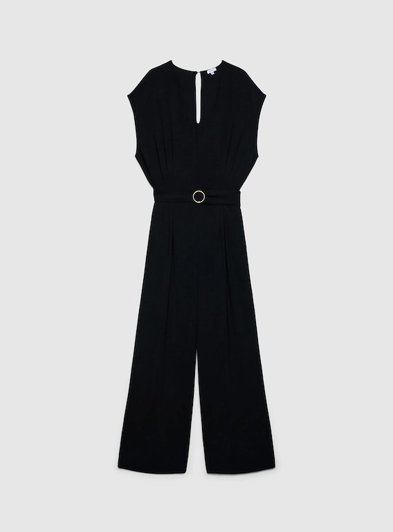 Duge pantalone sa pojasom i V-izrezom - Crna