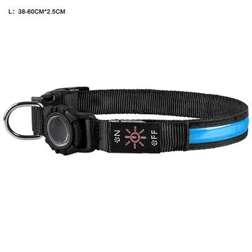 WATERPROOF LED DOG COLLAR WITH APPLE AIRTAG 1/2 HOLDER - LARGE 38-60CM - BLUE