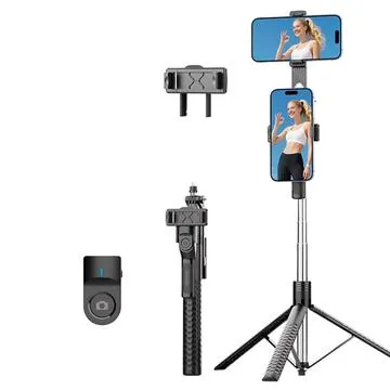 K50 DUAL PHONE CLIP BLUETOOTH SELFIE STICK TRIPOD WITH REMOTE CONTROL - BLACK