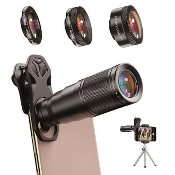 APEXEL PHONE CAMERA LENS KIT, 22X TELEPHOTO LENS + 120° WIDE ANGLE LENS + 25X MACRO LENS + 205° FISH EYE LENS