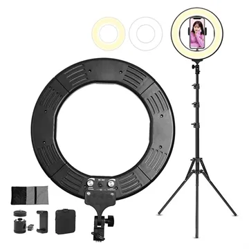 18" DIMMABLE DESKTOP LED SELFIE RING LIGHT WITH TRIPOD AND PHONE HOLDER - BLACK
