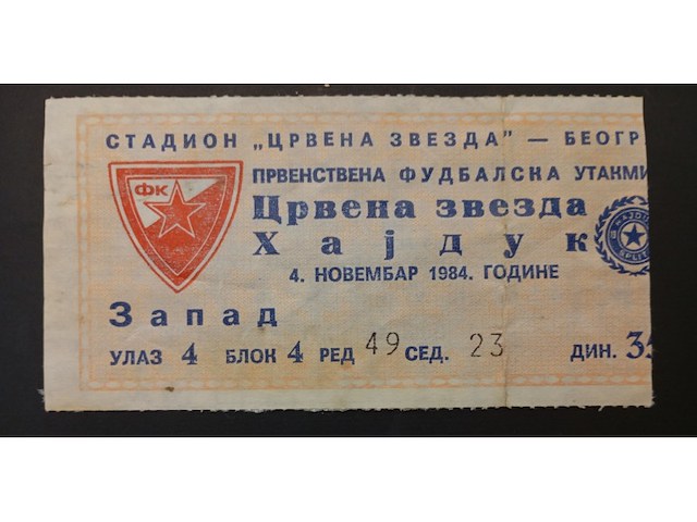 FUDBAL: CRVENA ZVEZDA - HAJDUK (Split) 04.11.1984