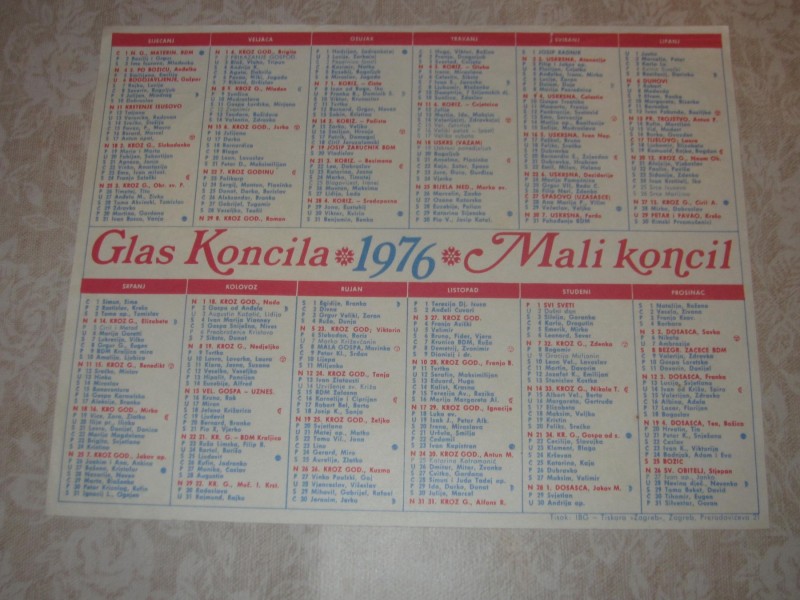 Katolički kalendar za 1976. iz časopisa Glas Koncila