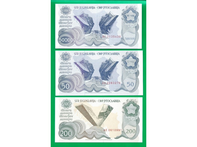 Jugoslavija 1990 Spomenici 500000,50 i 200 Dinara UNC