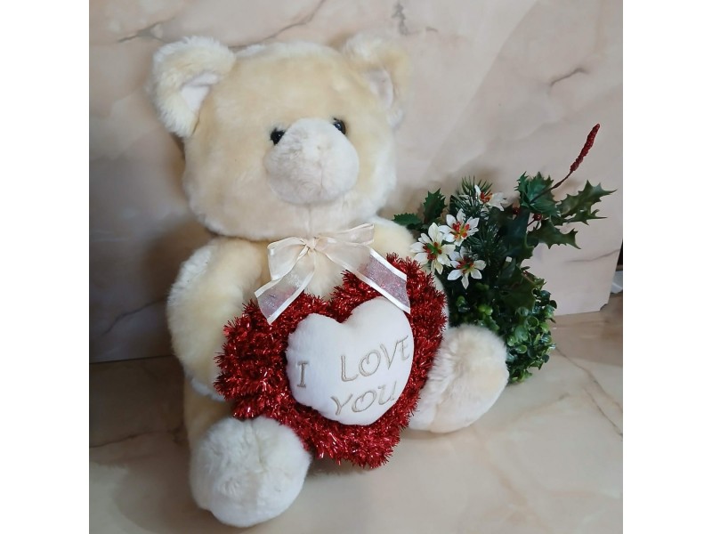 Mekani plišani meda sa crvenim srcem "I Love You" 36cm