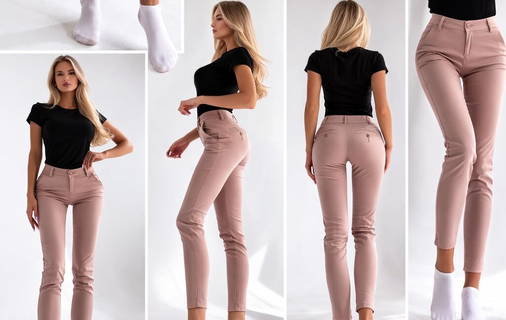 Ženske slim-fit pantalone – puder roze - Kroj: uske nogavice, visina