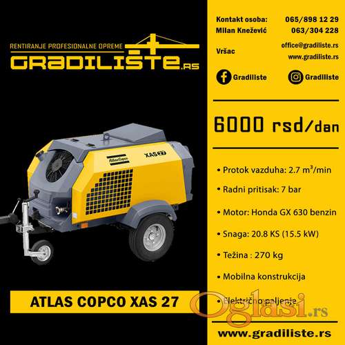 Atlas Copco XAS 27 /Kompresor 7 bar / Iznajmljivanje
