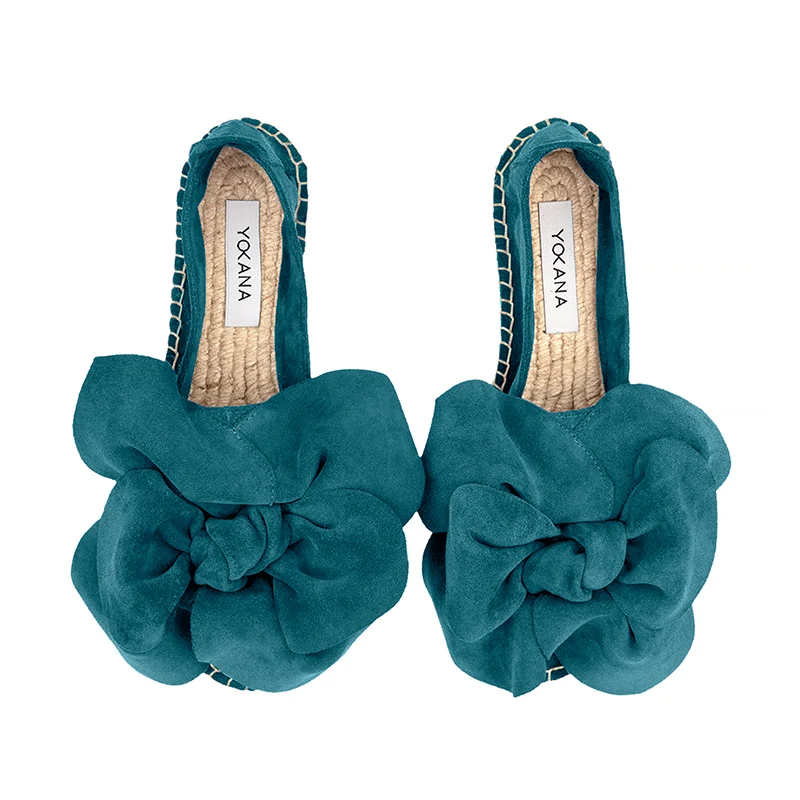 Yokana’s Flower espadrilles – Petrol suede leather
