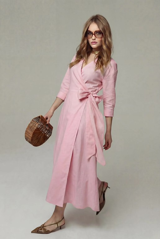 Light Rose dress svetlo roze lanena haljina na preklop
