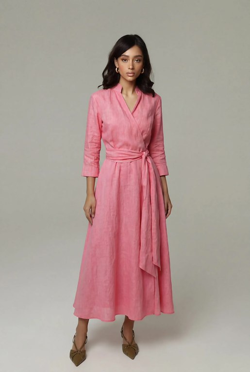 Rose dress roze lanena haljina na preklop
