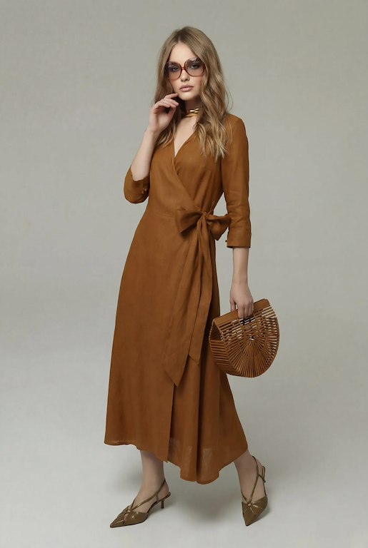 Light Brown dress svetlo braon lanena haljina na preklop