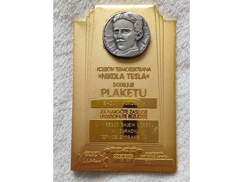 1987 Nikola Tesla medalja plaketa Termoelektrana Obreno