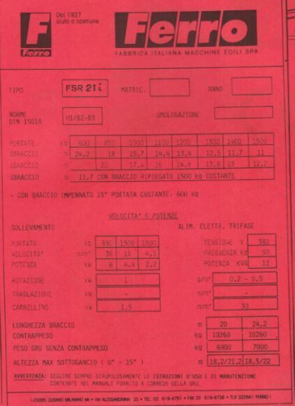 Ferro GRU FSR 21i brzomontažna toranjska dizalica