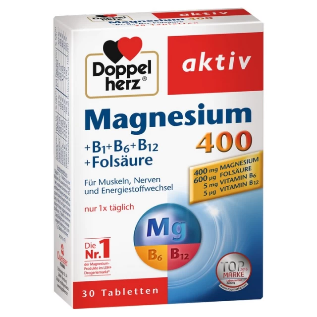 DOPPELHERZ AKTIV MAGNEZIJUM 400 + B1 + B6 + B12 + FOLNA – Podrška kod stresa i napora (30 tableta)
