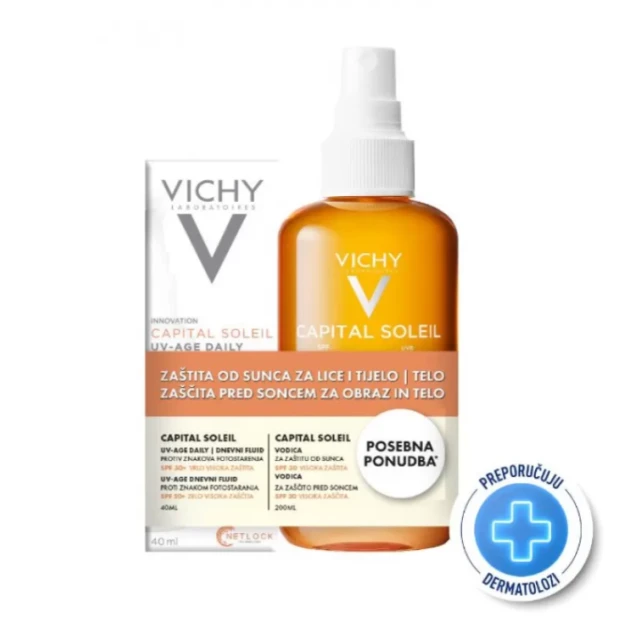 VICHY PROMO SET: UV-AGE DAILY SPF 50+ (40 ML) I VODICA ZA ZAŠTITU OD SUNCA ZA NAGLAŠEN TEN SPF 30 (200 ML)