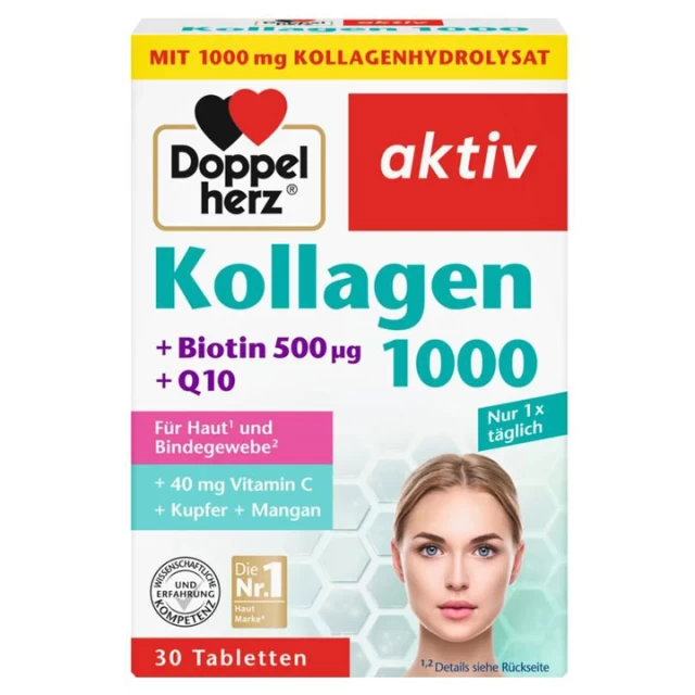 DOPPELHERZ AKTIV KOLLAGEN 1000 + BIOTIN + KOENZIM Q10 – Formula za mladalački izgled (30 tableta)