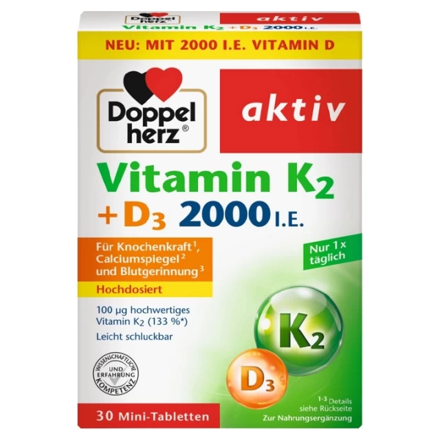 DOPPELHERZ AKTIV D3 2000ij + K2 100mcg – Temelj za jake kosti i vitalne zglobove (30 tableta)