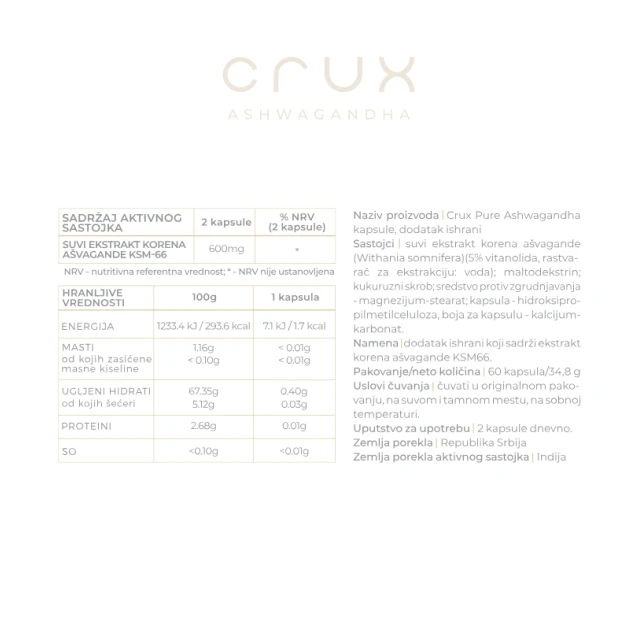CRUX PURE ASHWAGANDHA – PRIRODNA PODRŠKA ZA STRES I VITALNOST 60 KAPSULA