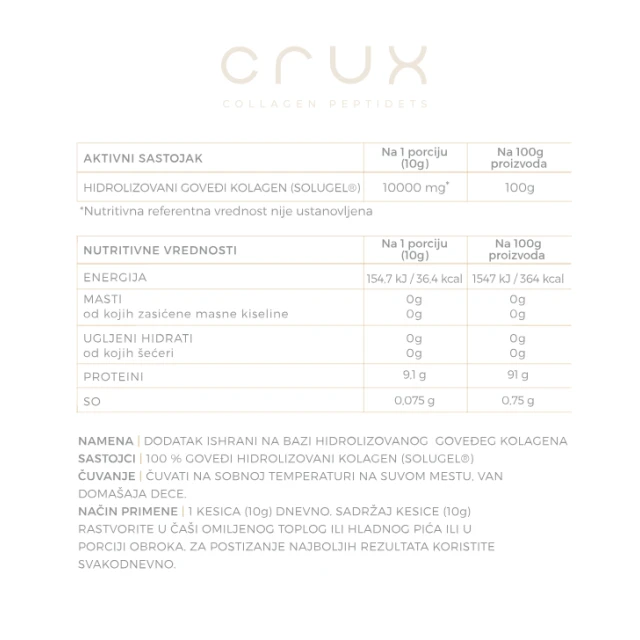 CRUX PURE COLLAGEN PEPTIDES – ZA PRIRODNU LEPOTU I ZDRAVLJE ZGLOBOVA 30 KESICA