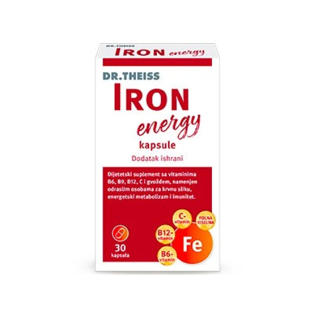 DR. THEISS IRON ENERGY KAPSULE SA GVOŽĐEM I VITAMINIMA ZA ENERGIJU, FORMIRANJE CRVENIH KRVNIH ZRNACA I SMANJENJE UMORA 30 KOM