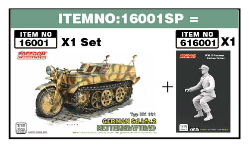 NEW! Freedom Model Kits 16001SP German WWII Sd.Kfz 2 Kettenkraftrad with Driver