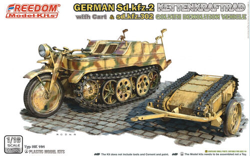 NEW! Freedom Model Kits 16002 German WWII Sd.Kfz 2 Kettenkraftrad with Cart and Goliath