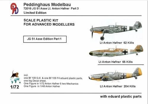 NEW! Peddinghaus-Decals 72016 Messerschmitt Bf-109 F-4 / F-6 - Lt Anton Hafner Staffelkapitän 8/JG 51 (Russia 1943-1944)