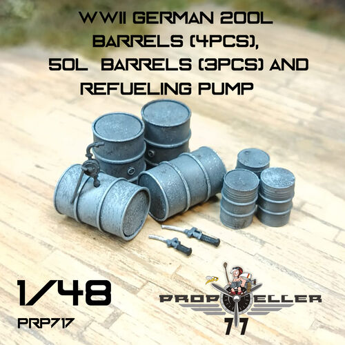 77propeller 717 German WWII Barrels Set - 200l (4 pcs) and 50l (3 pcs) with Refueling Pump