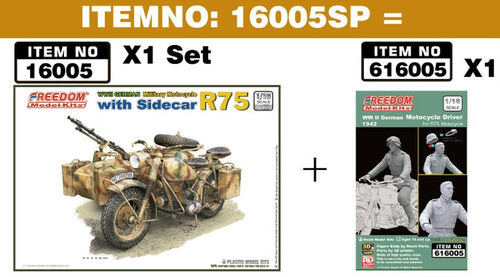 Freedom Model Kits 16005SP German WWII Military Motocycle BMW R75 with Sidecar and Figure