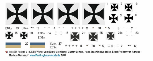 NEW! Peddinghaus-Decals 4581 Fokker EI & EII - Walter von Bülow-Bothkamp, Gustav Leffers, Hans Joachim Buddecke, Ernst Freiherr von Althaus
