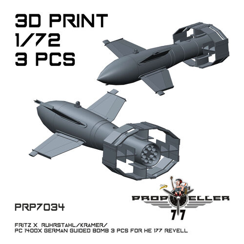 NEW! 77propeller 7034 Heinkel He-177 - 3D-Printed Fritz X Ruhrstahl / Kramer / PC 1400X German Guided Bombs (3 pcs / for Revell Kits)