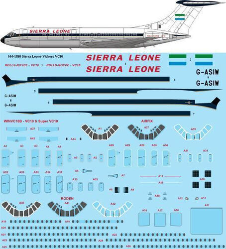 NEW! 26 Decals 441380 Vickers VC10 - Sierra Leone Laser Decal with Screen Print Details