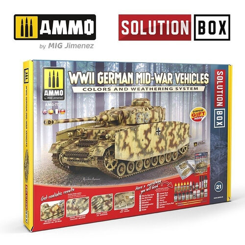 AMMO of Mig Jimenez 7727 Solution Box 21 - WWII German Mid-War Vehicles - Colors And Weathering System