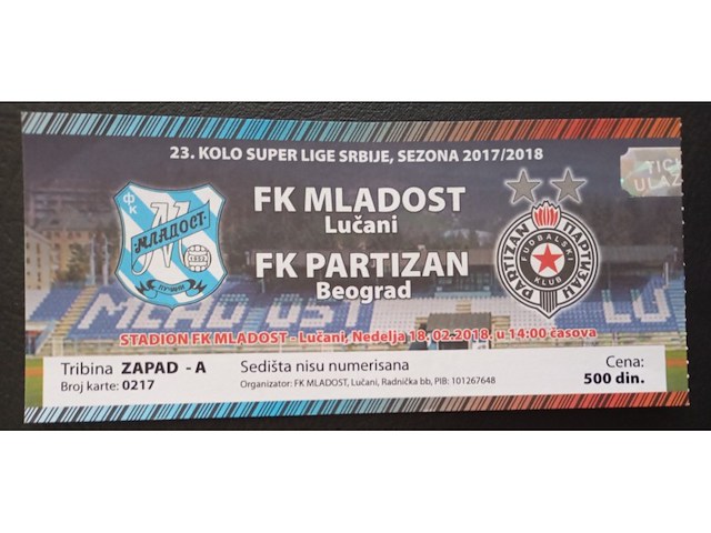 FUDBAL: MLADOST (Lucani) - PARTIZAN 18.02.2018