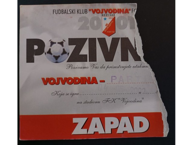 FUDBAL: VOJVODINA - PARTIZAN 04.05.2002 - POZIVNICA